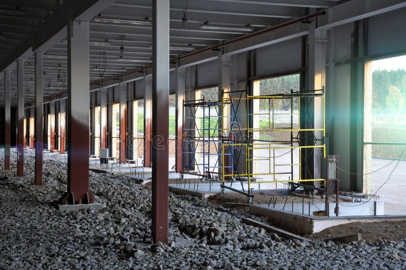 Construction of a Warehouse Complex, Inside View. Columns are Installed ...