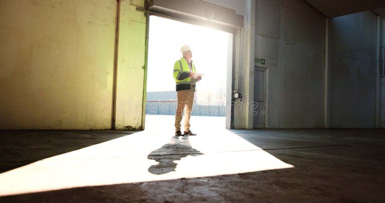 Construction, Warehouse and Man on Tablet Thinking for Inspection ...