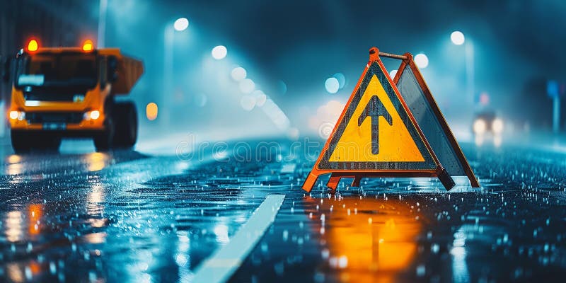 A Construction Warning Sign on a Wet Road at Night with a Truck Stock ...