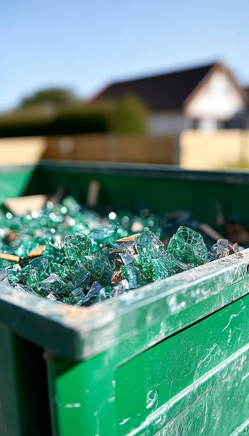 Construction Waste Disposal Broken Glass in Green Container after ...