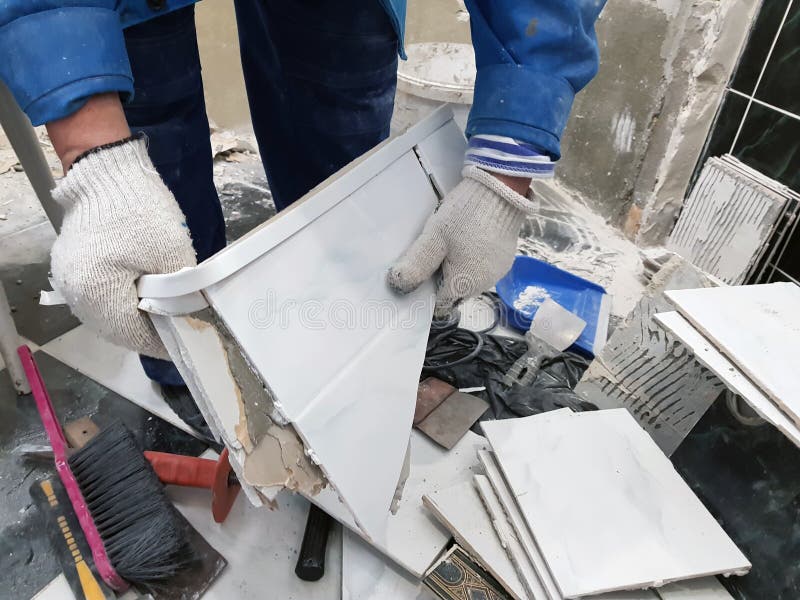 Construction Waste and Old Tile in Hand Stock Image - Image of person ...