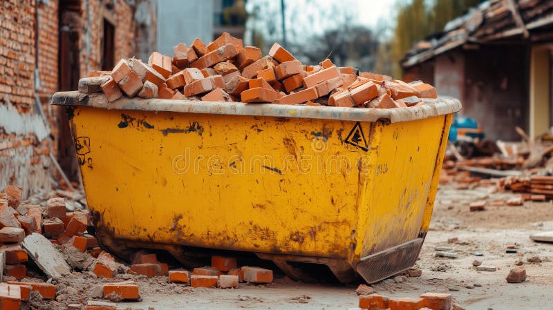 Construction Waste Skip Full of Bricks during Building Demolition Stock ...