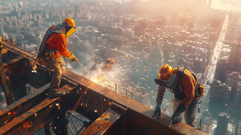 Construction Welders are Skillfully Welding Metal Beams on a High Rise ...