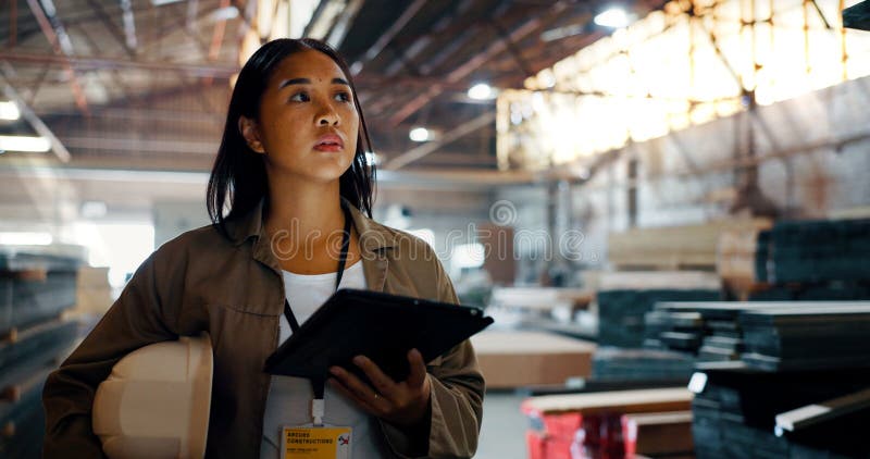 Construction, Woman and Engineer Thinking with Tablet for Woodwork ...