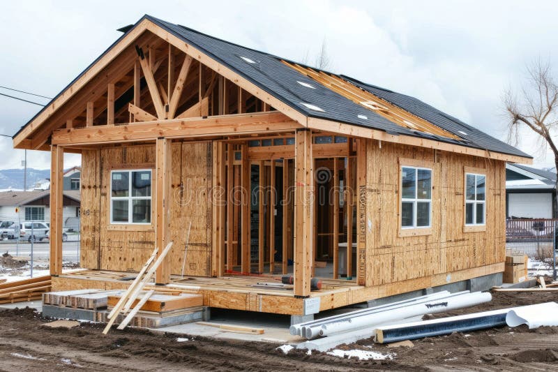 Construction of a Wooden Country House Using Frame Technology Stock ...