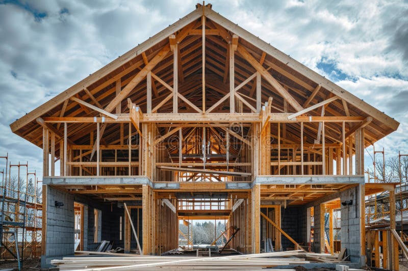 Construction of a Wooden Country House Using Frame Technology Stock ...