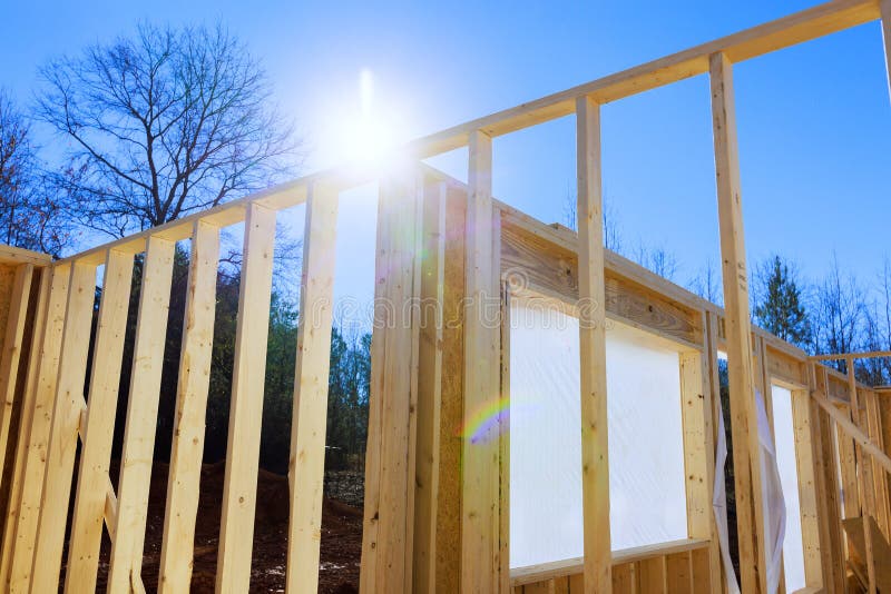 Construction of a Wooden Frame Structure Under a Bright Sunny Sky in a ...
