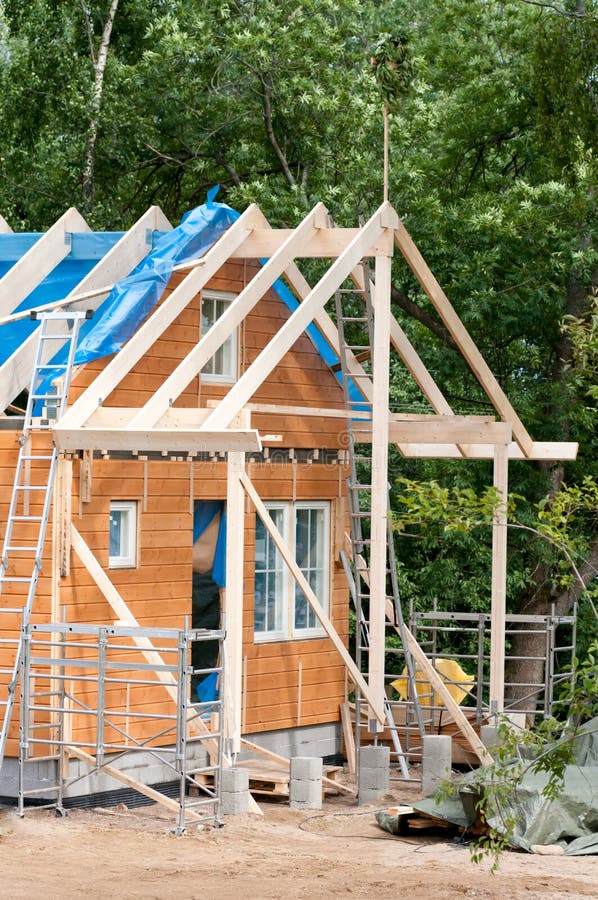 Construction of a Wooden House Stock Image - Image of design, support ...