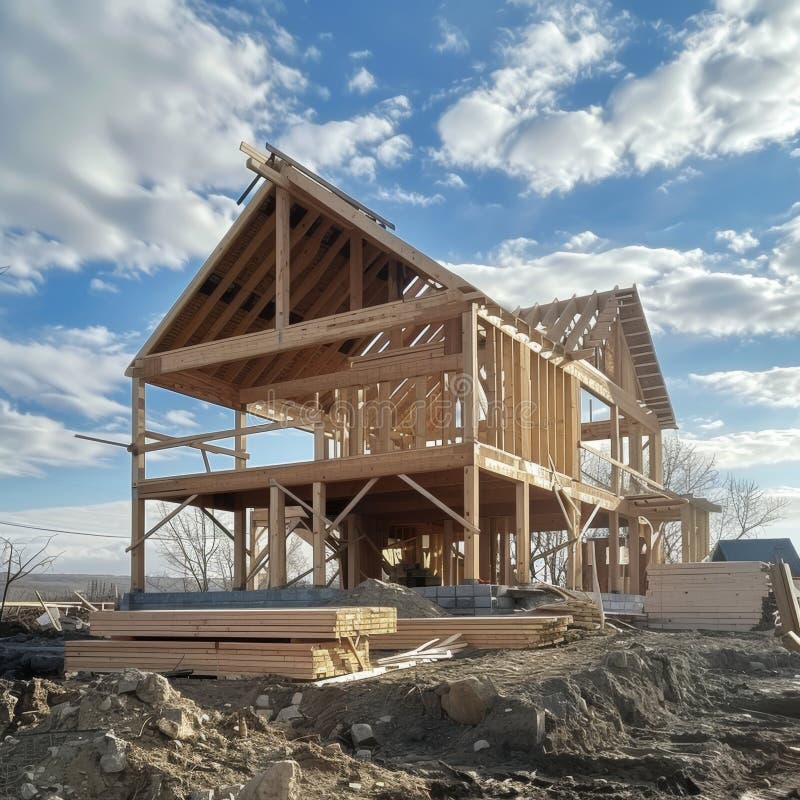 Construction of Wooden House Frame with Truss, Post, and Beams for New ...