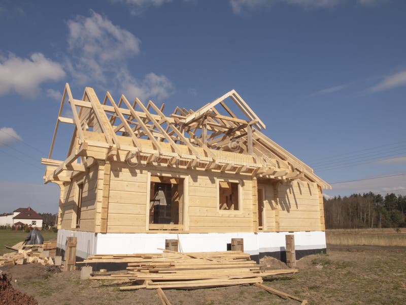 Construction of a Wooden House with Logs Rectangular Stock Photo ...