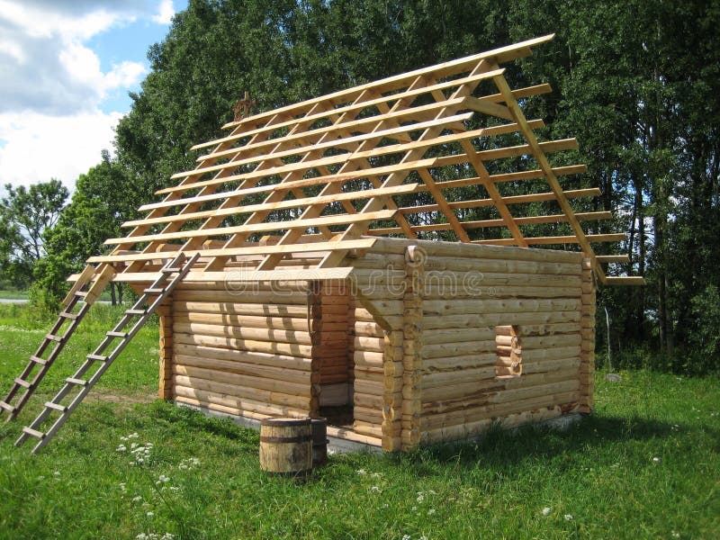 Construction of a Wooden Log House. Tiny House Stock Image - Image of ...