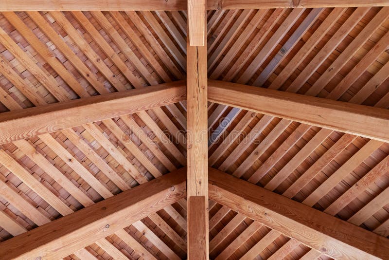 Construction of a Wooden Roof from the Inside. Wooden Background Stock ...