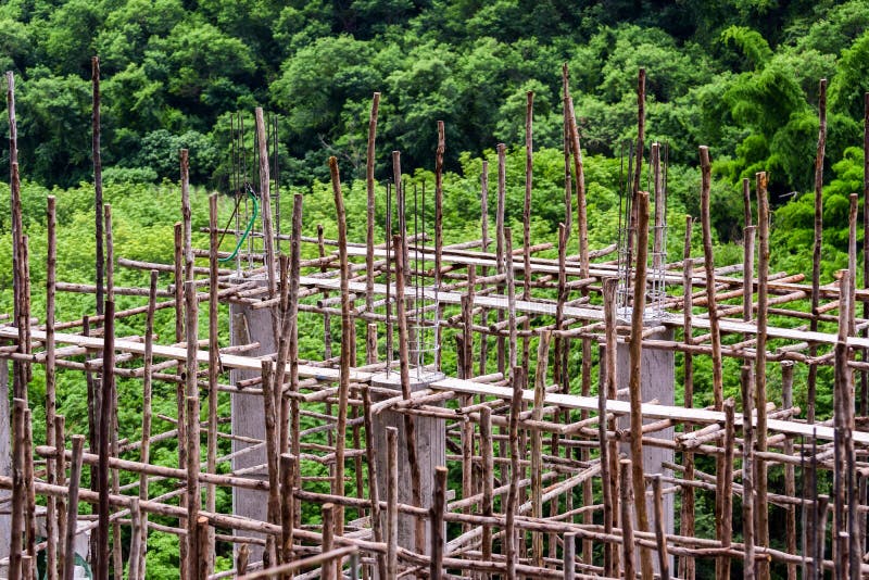 Construction Work with Cement and Wood, Casting Concrete Mortar Columns ...