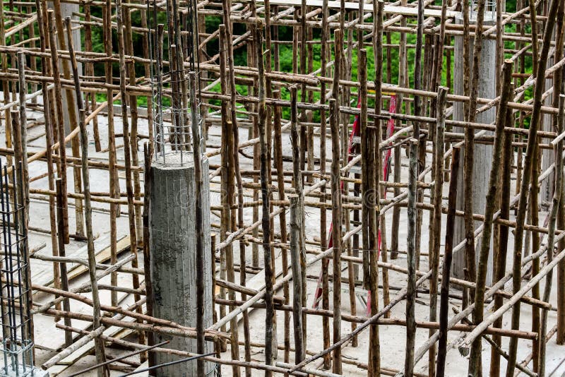Construction Work with Cement and Wood, Casting Concrete Mortar Columns ...