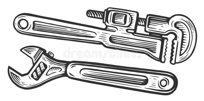 Adjustable Wrench and Plumbing Tool. Construction Work Concept. Sketch ...