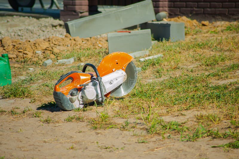 Construction Work. Concrete Floor Cutting Machine at the Construction ...