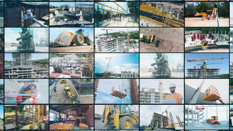 Construction Work at the Construction Site Collage. Multiwindow Video ...