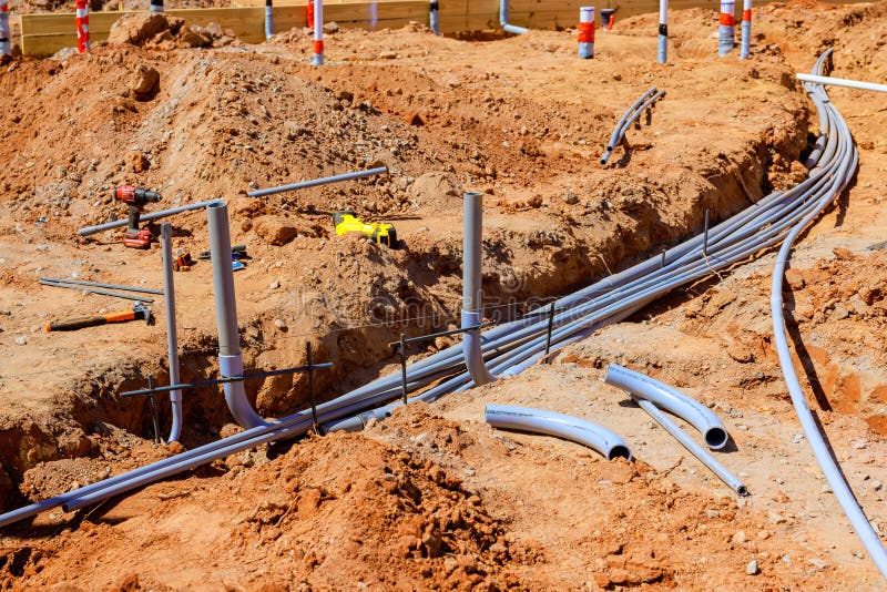Construction Work with Electrical Pipes Tools at Outdoor Site Stock Image - Image of ...