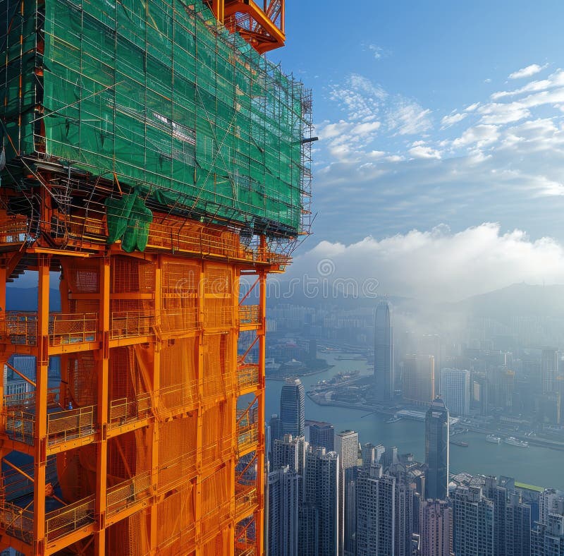 Construction Work on a High-rise Building in a City Skyline with Cranes ...