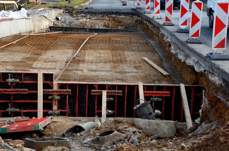Construction Work for the Reconstruction of a Road Bridge. Wires and ...