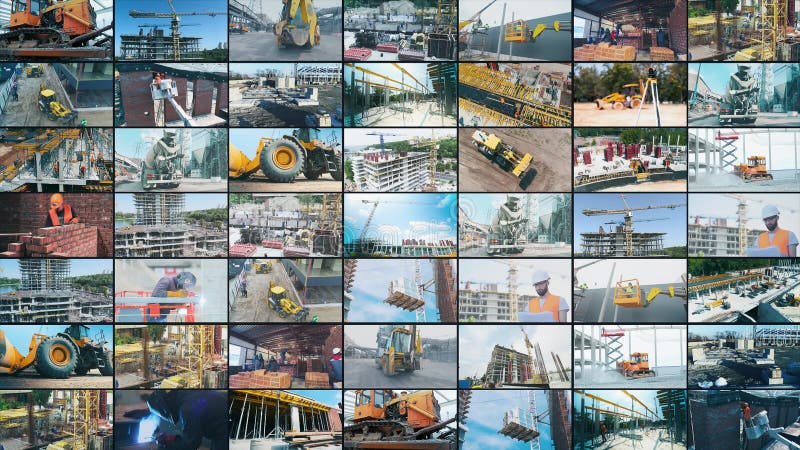 Construction Work at the Construction Site Collage. Multiwindow Video ...