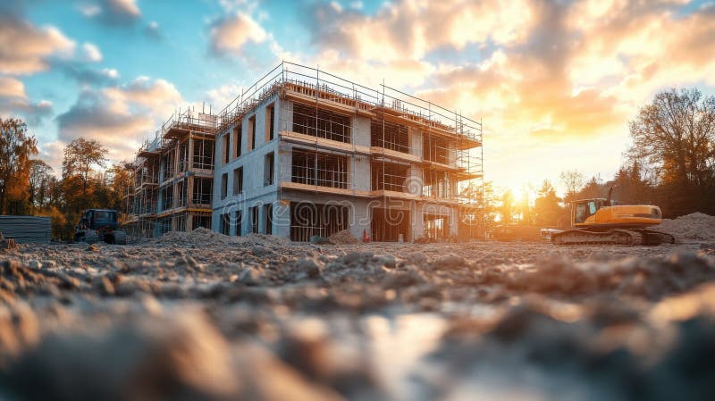 Construction Work Takes Place at a Building Site during Sunset ...