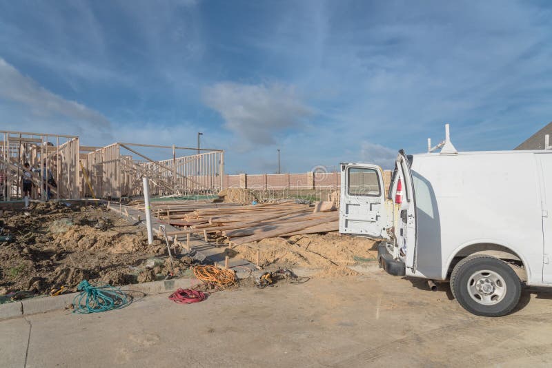 Work Van with Back Open and Tools at Construction Site Stock Photo ...