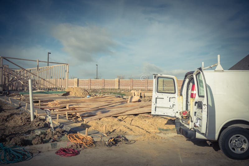 Work Van with Back Open and Tools at Construction Site Stock Image ...