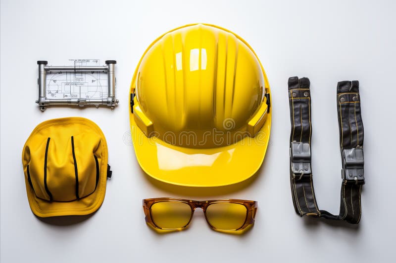 Construction Work. Yellow or Blue Helmet and Tools Top-down View on ...
