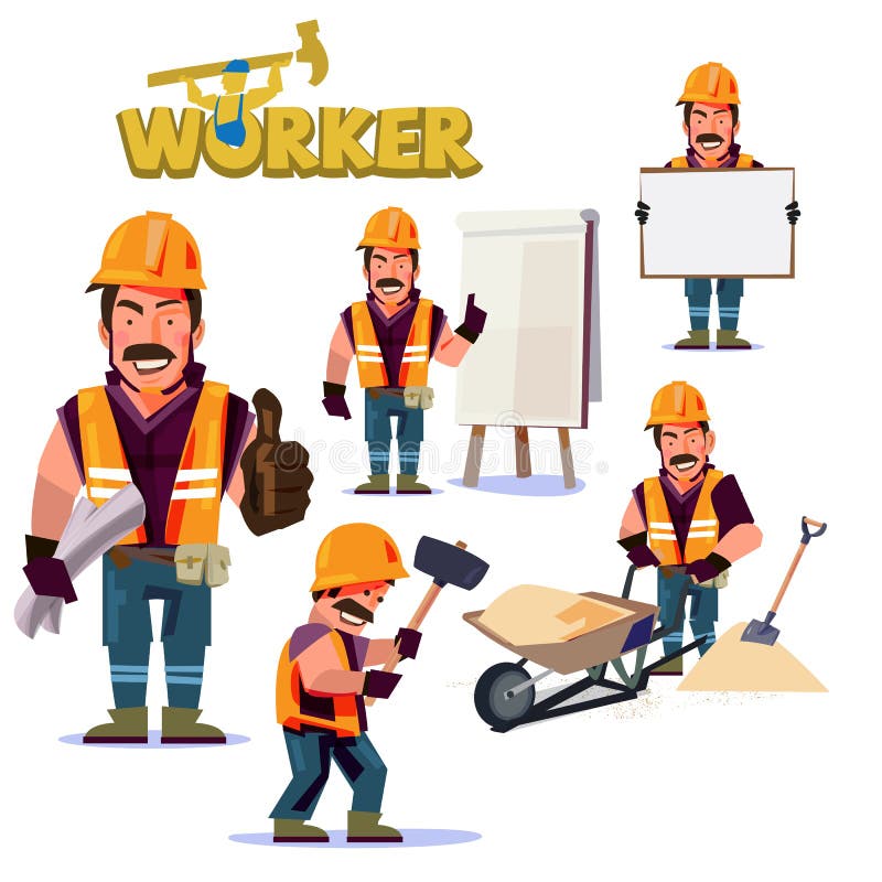 Construction Worker in Action. Character Design Set - Vector Stock ...