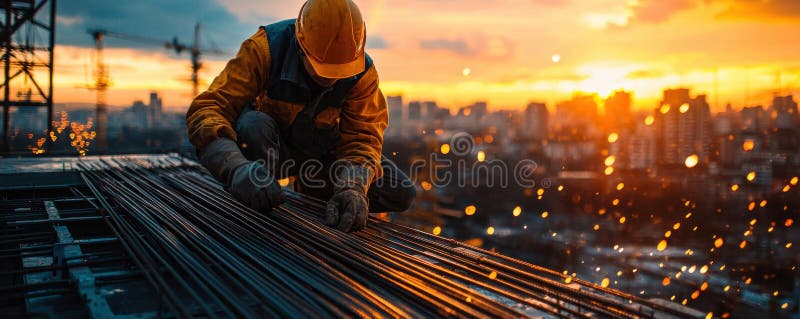 Construction Worker Adjusting Steel Bars at Sunset on Site Stock Image ...