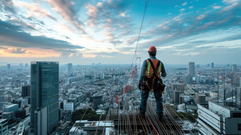 Construction Worker Admiring Cityscape from Skyscraper Rooftop. AIG41 ...
