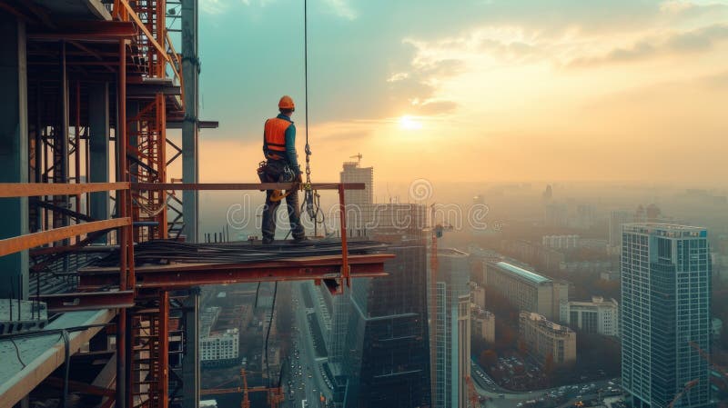 Construction Worker Admiring Cityscape from Skyscraper Rooftop. AIG41 ...