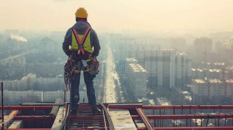 Construction Worker Admiring Cityscape from Skyscraper Rooftop. AIG41 ...
