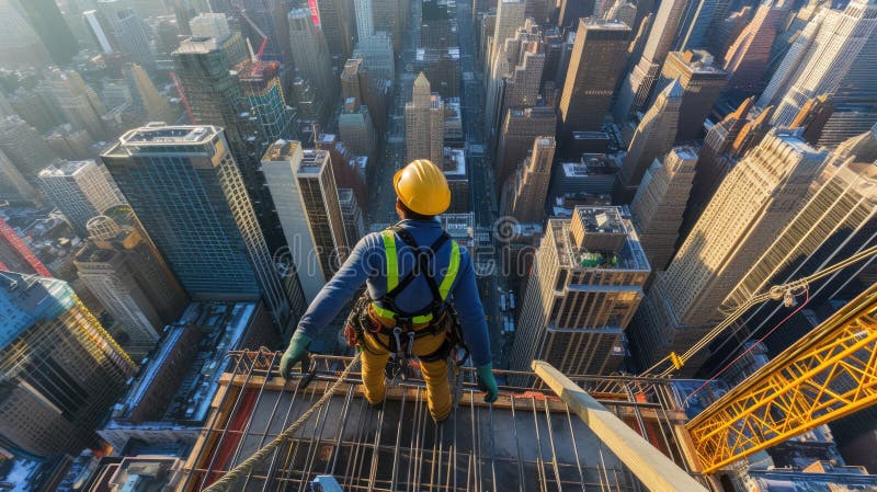 Construction Worker Admiring Cityscape from Skyscraper Rooftop. AIG41 ...