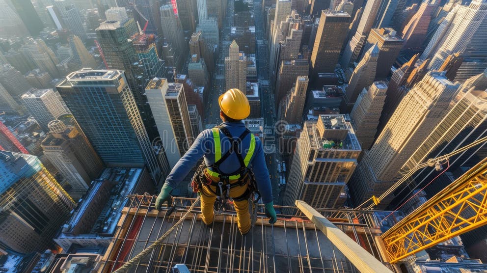 Construction Worker Admiring Cityscape from Skyscraper Rooftop. AIG41 ...