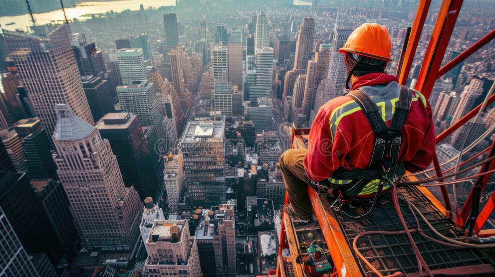 Construction Worker Admiring Cityscape from Skyscraper Rooftop. AIG41 ...