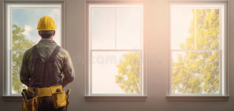 The Construction Worker Admiring Nature through Bright Windows in a ...