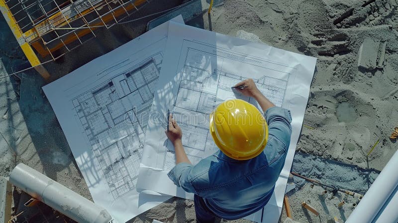 Construction Worker Analyzing Blueprints Stock Illustration ...