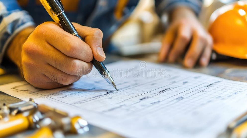 Construction Worker Analyzing Production Schedule and Taking Notes on ...