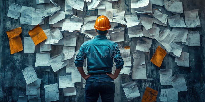 Construction Worker Analyzing Project Documents on Wall Covered with ...