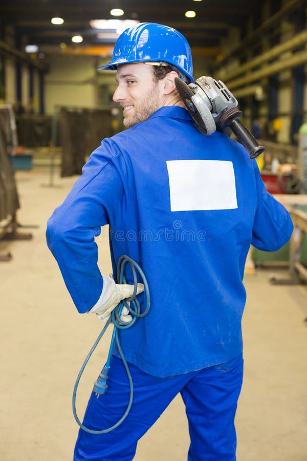Construction Worker with Angle Grinder Stock Photo - Image of factory ...