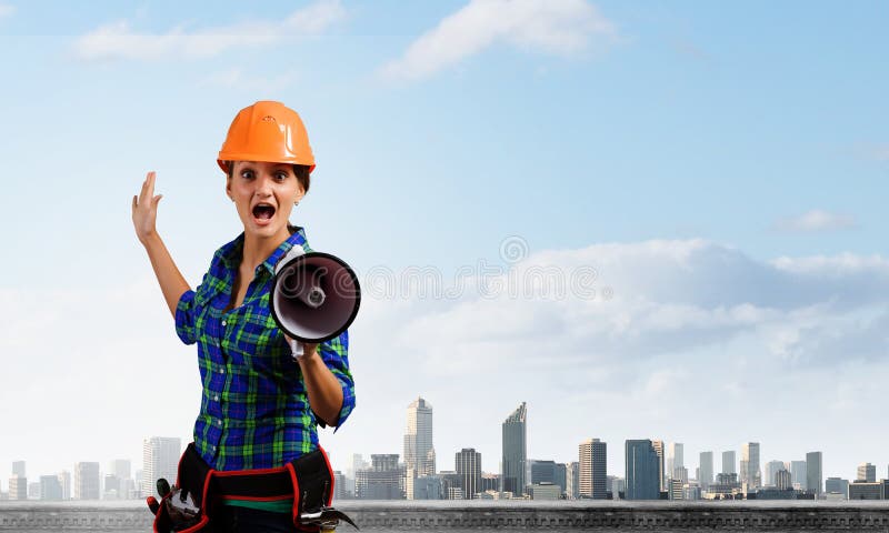 Construction Worker Announcing Something Stock Photo - Image of ...
