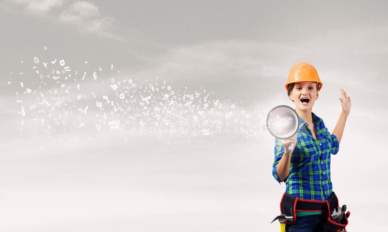 Construction Worker Announcing Something Stock Photo - Image of holding ...