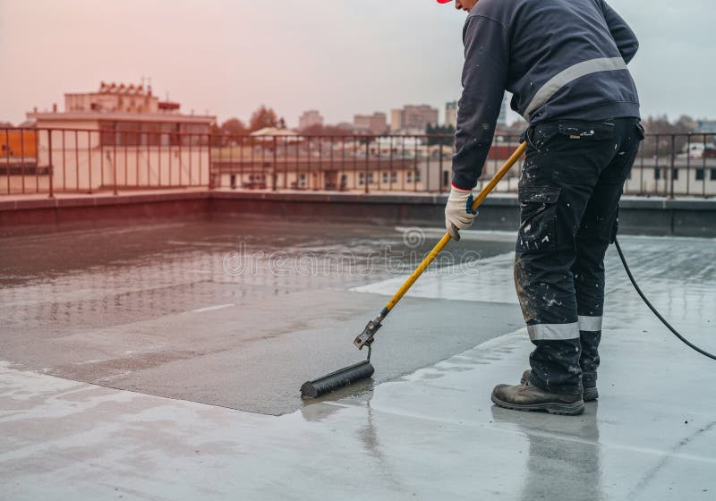 Worker Applies Bitumen Coating with a Brush on Flat Roof Stock ...