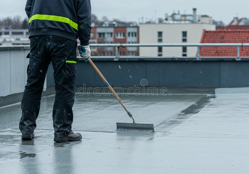 Worker Applies Bitumen Coating with a Brush on Flat Roof Stock ...