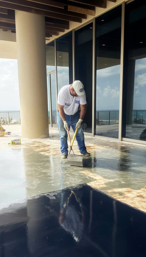 Construction Worker Applying Epoxy Resin on a Concrete Floor, Creating ...