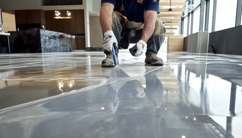Construction Worker Applying Gray Epoxy Resin Coating, Creating a ...