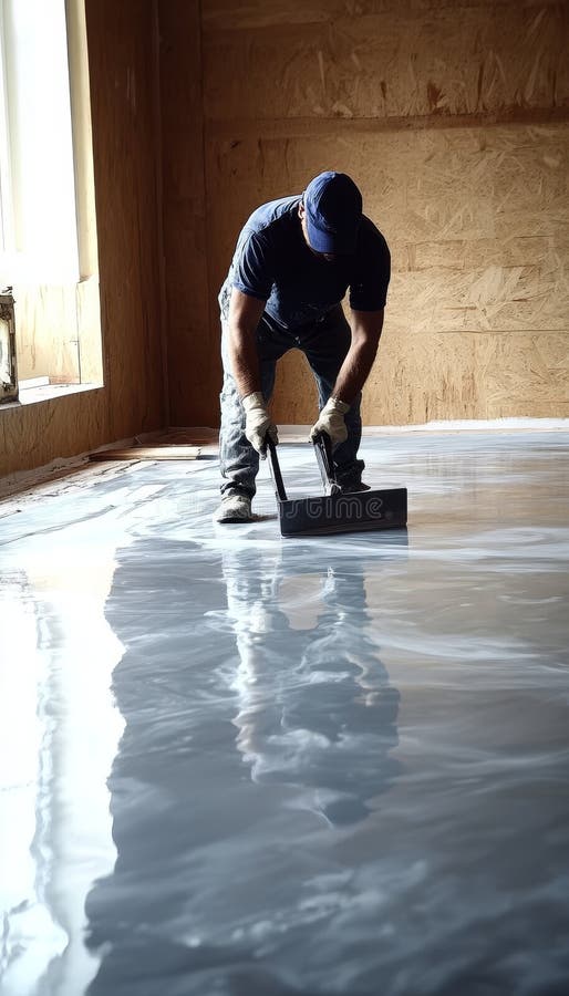 Construction Worker Applying Leveling Compound To Concrete Floor ...