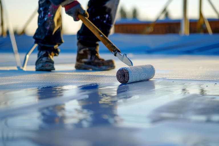 Construction Worker Applying Waterproof Coating with Roller on Building ...